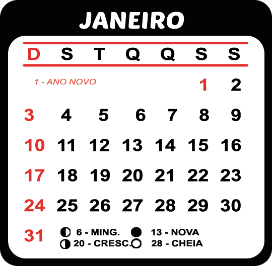 Calendário Janeiro 2021 com Feriados e Fases da Lua - Imagem Legal