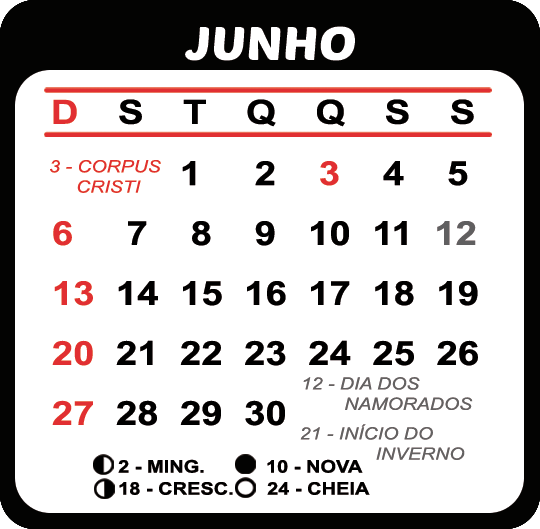 Calendário Junho 2021 com Feriados e Fases da Lua - Imagem Legal
