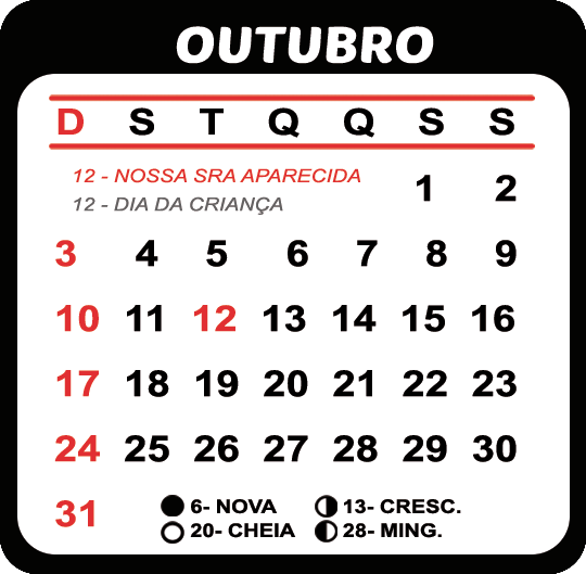 Calendário Outubro 2021 com Feriados e Fases da Lua - Imagem Legal