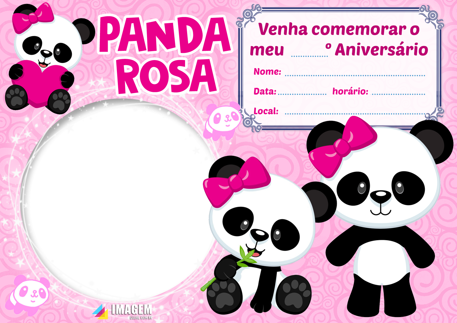 Convite de Aniversário Panda Rosa - Imagem Legal