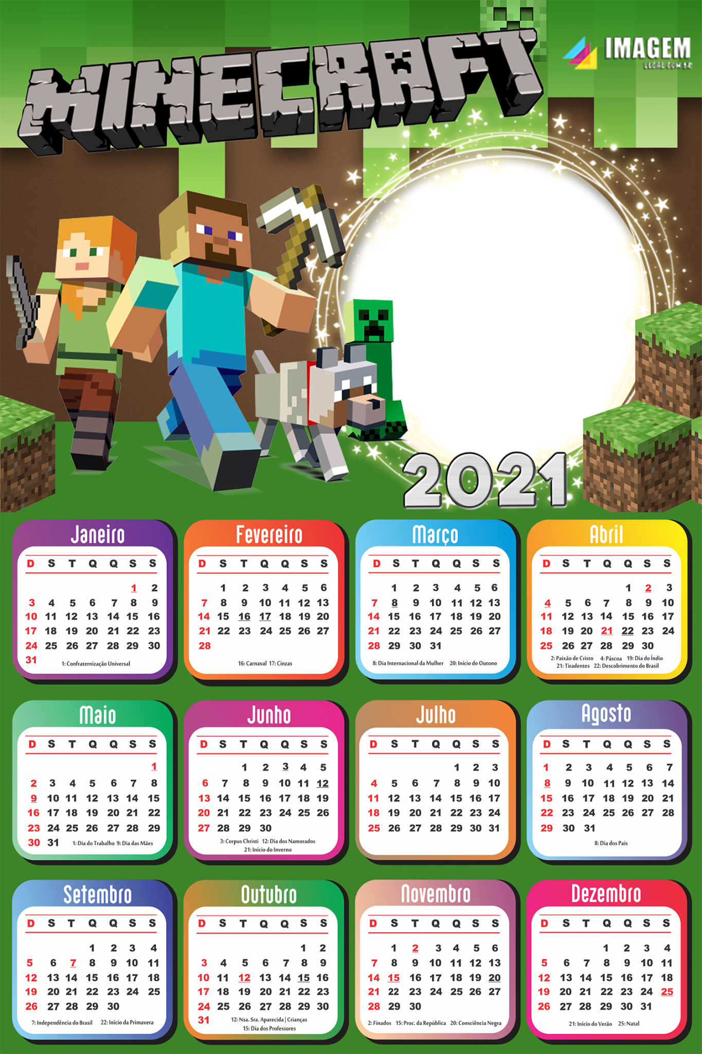 Calendário 2021 Minecraft Colagem de Foto - Imagem Legal