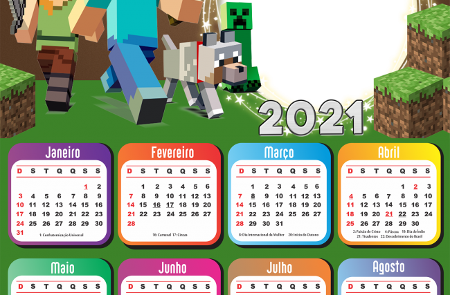 Calendário 2021 Minecraft Colagem de Foto - Imagem Legal