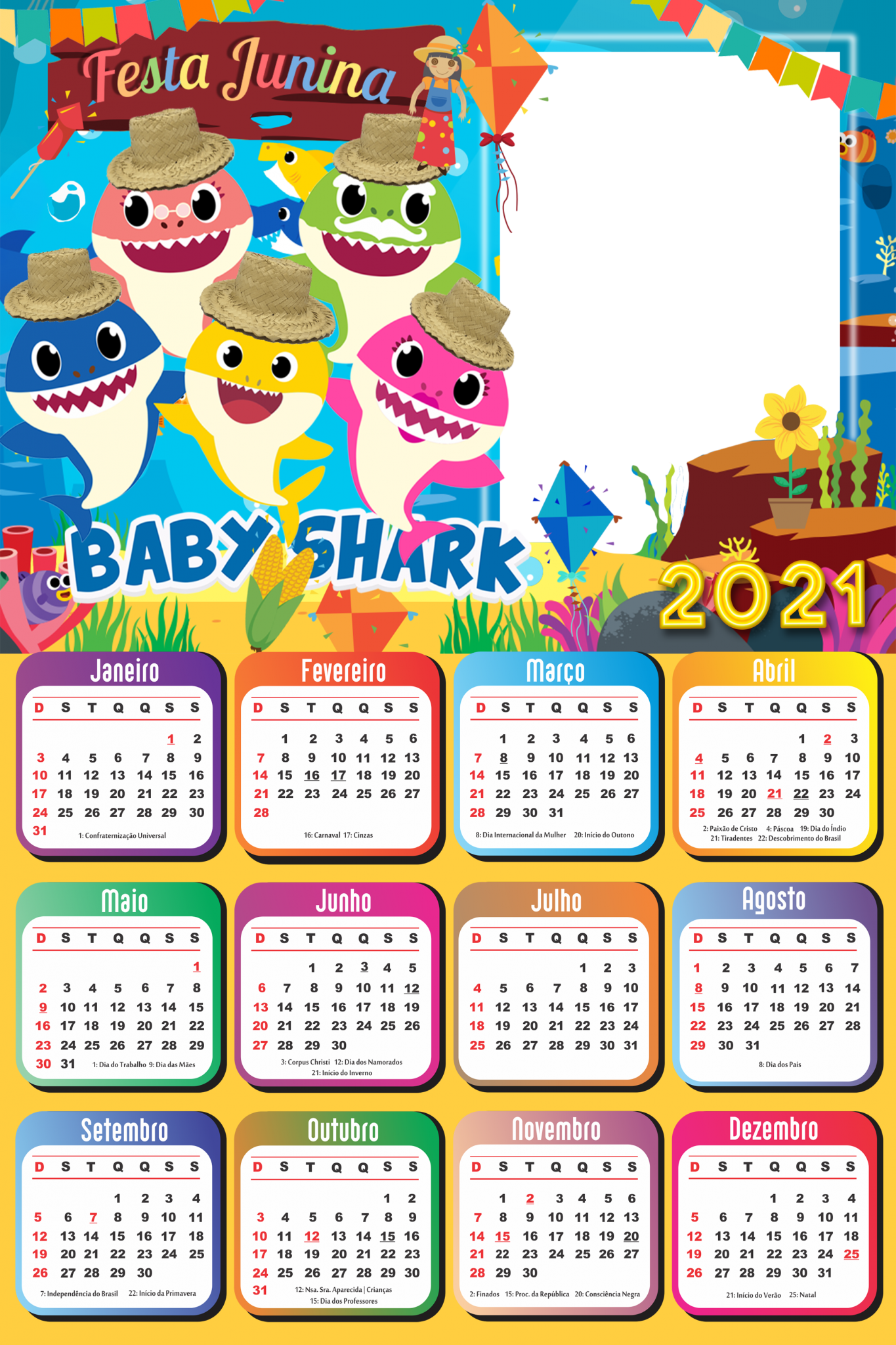 Calendário 2021 Arraiá Baby Shark Moldura - Imagem Legal