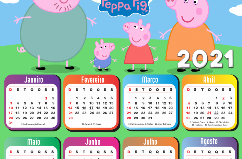 Calendário 2021 Peppa Pig Família Moldura PNG – Imagem Legal