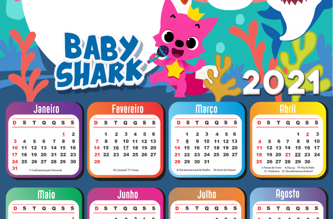 Calendário 2021 Personagens Baby Shark PNG - Imagem Legal