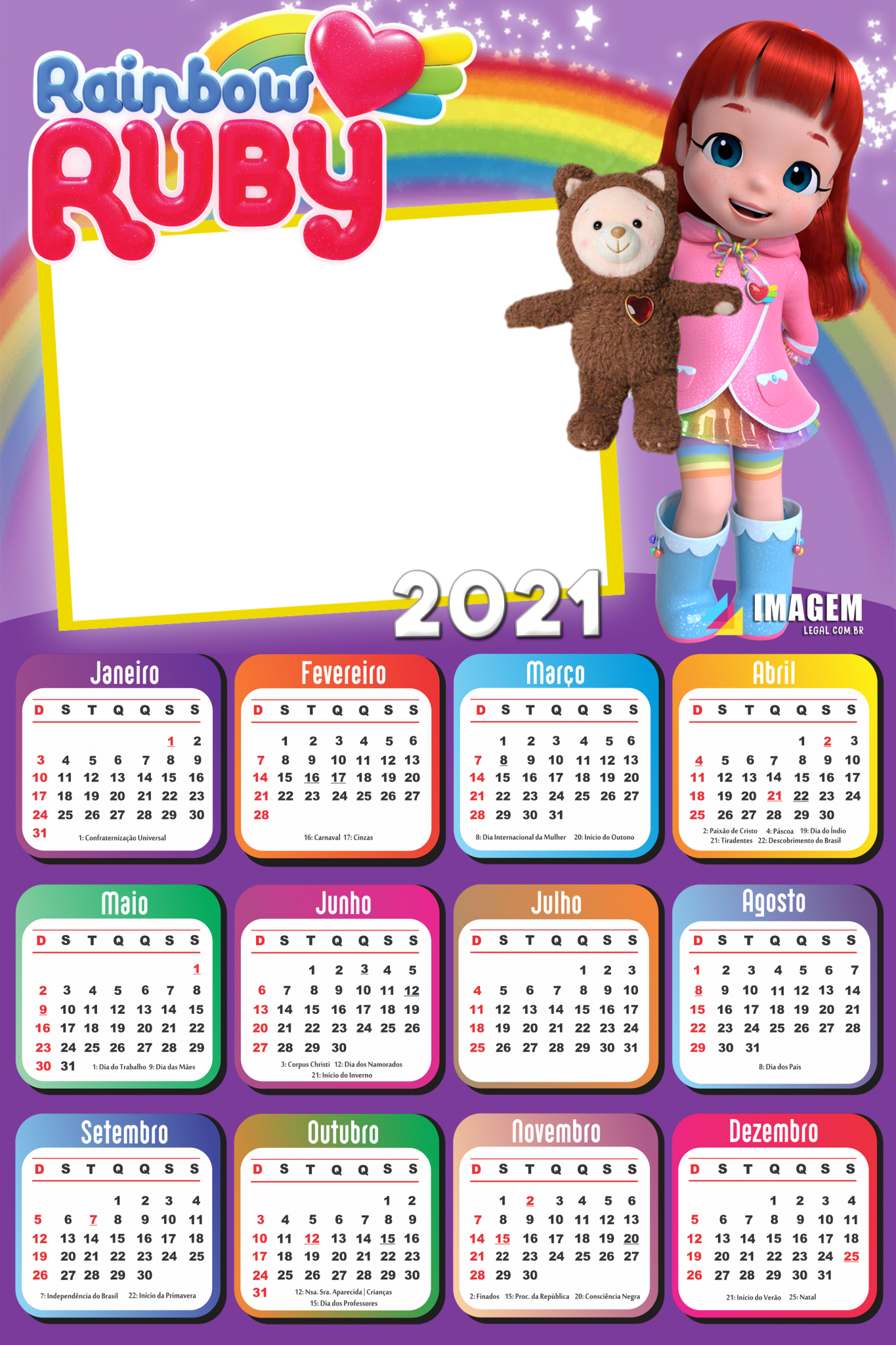 Calendário 2021 Rainbow Ruby para Foto Montagem - Imagem Legal