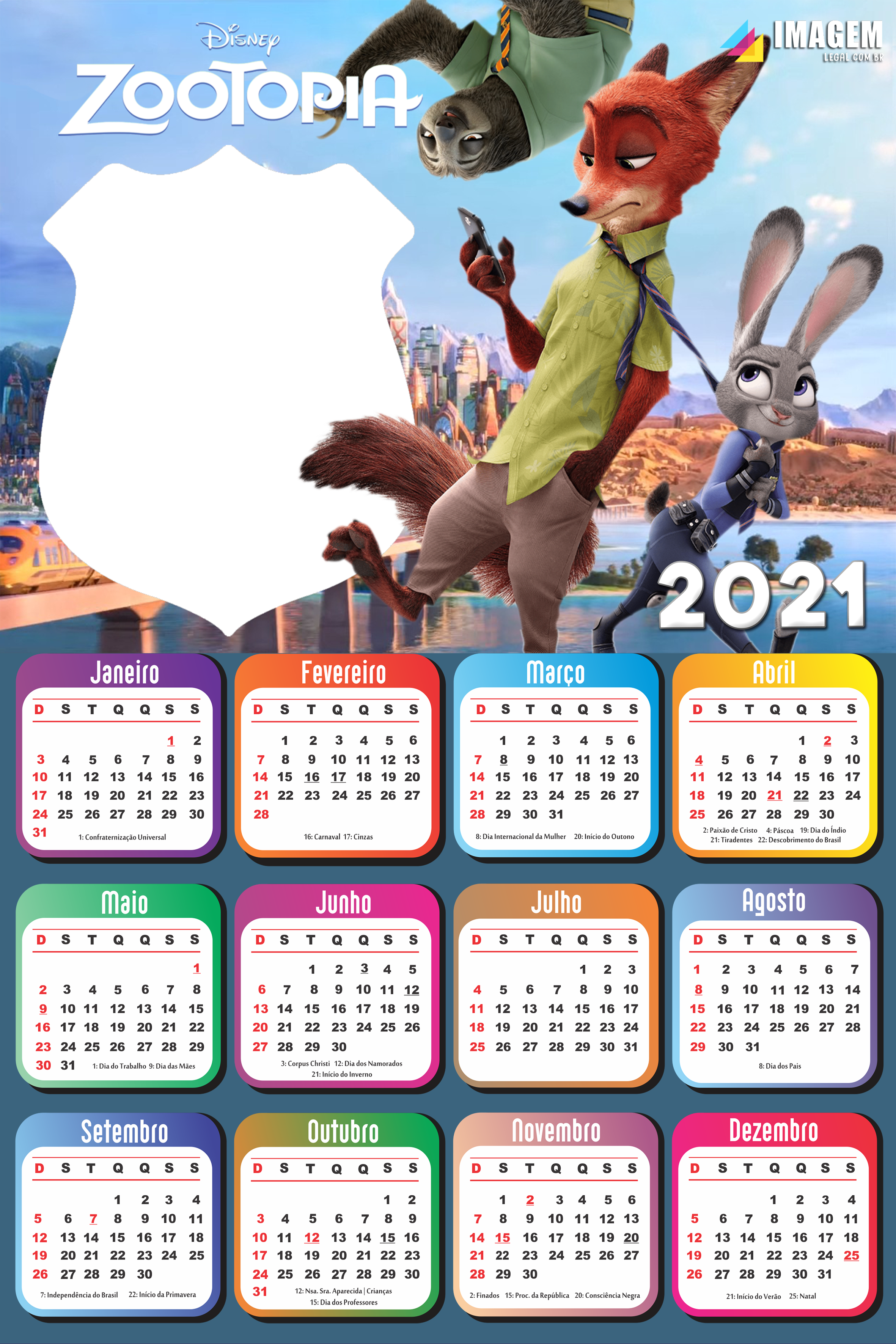 Calendário 2021 Zootopia para Foto Montagem - Imagem Legal